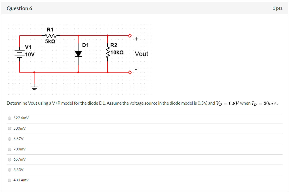 Solved Question 5 1 pts R1 V1. D1. 5V 5 V ..... . . . . . . | Chegg.com