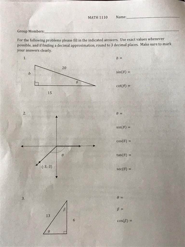 Solved MATH 1110 Name: Group Members:_ For the following | Chegg.com