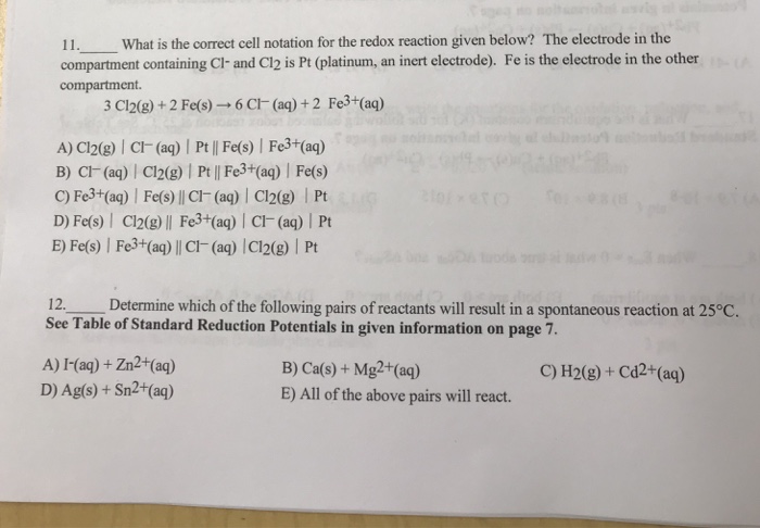 Solved 11. What is the correct cell notation for the redox | Chegg.com