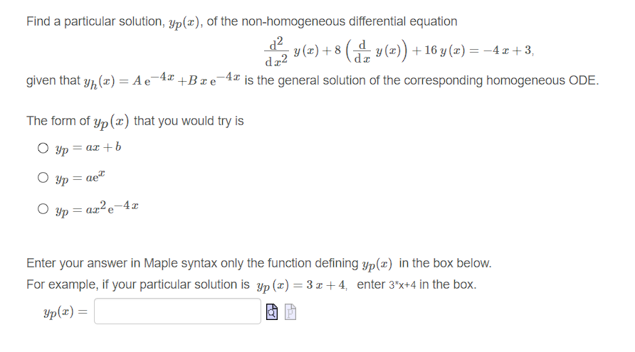 Solved Find a particular solution, yp(x), of the | Chegg.com
