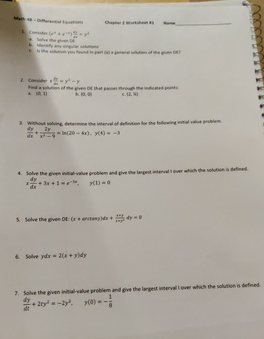 Solved Math 48 - Differential Equations Chapter 2 Worksheet | Chegg.com