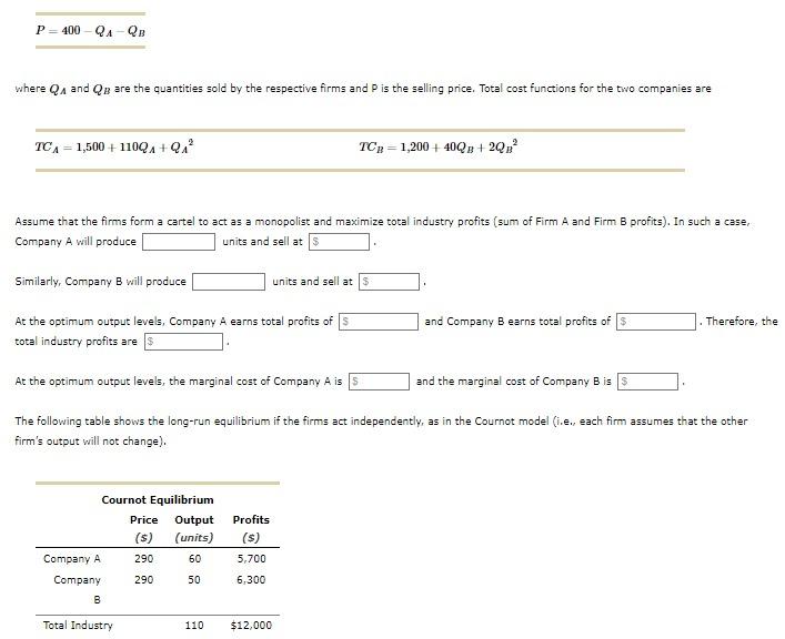 Solved P-400-QA-QB where QA and QB are the quantities sold | Chegg.com