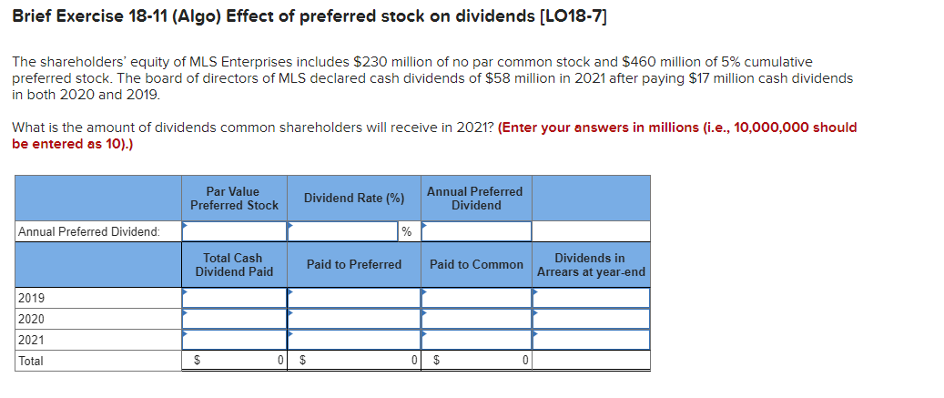 Solved Brief Exercise 18-11 (Algo) Effect of preferred stock | Chegg.com Solved Brief Exercise 18-11 (Algo) Effect of preferred stock | Chegg.com