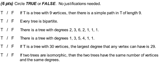 Solved (6 pts) Circle TRUE or FALSE. No justifications | Chegg.com