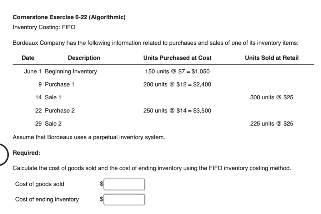 Solved Cornerstone Exercise 6-22 (Algorithmic) Inventory | Chegg.com