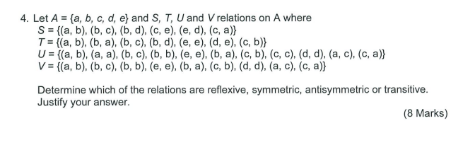 Solved 4. Let A={a,b,c,d,e} and S,T,U and V relations on A | Chegg.com