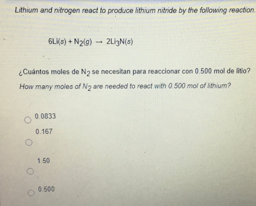 Solved Lithium and nitrogen react to produce lithium nitride | Chegg.com