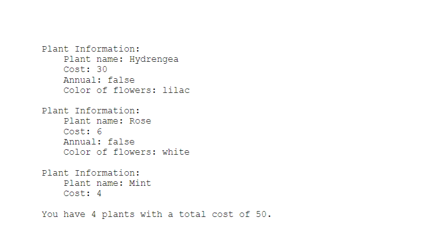 Solved Exercise 4-Plant Information Given a base Plant class | Chegg.com