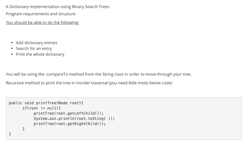 A Dictionary implementation using Binary Search Trees | Chegg.com