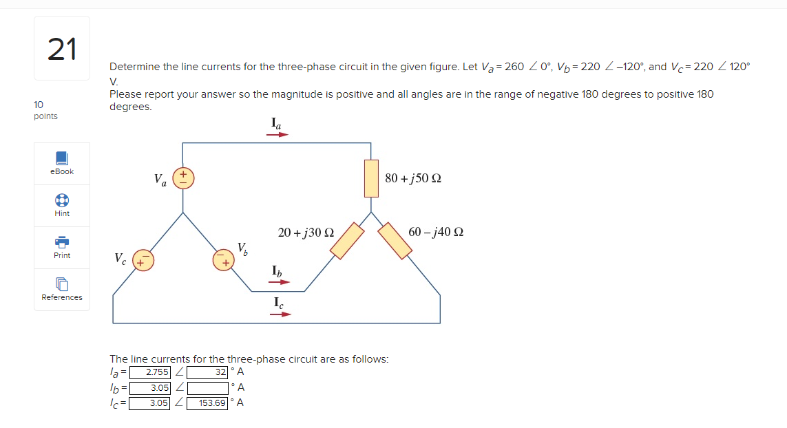 Solved Determine the line currents for the three-phase | Chegg.com