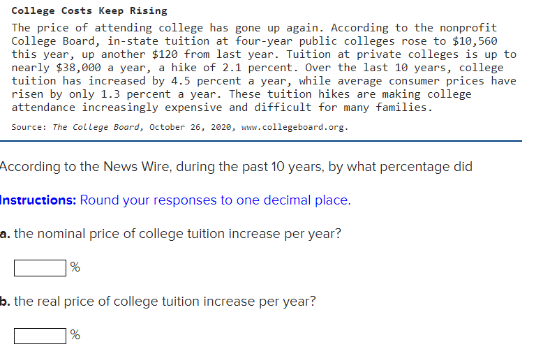 Solved College Costs Keep Rising The price of attending | Chegg.com