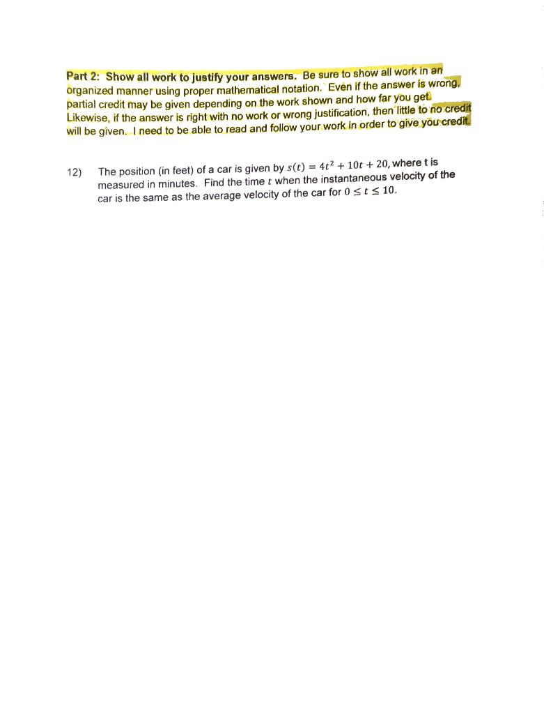 Solved Part 2: Show all work to justify your answers. Be | Chegg.com