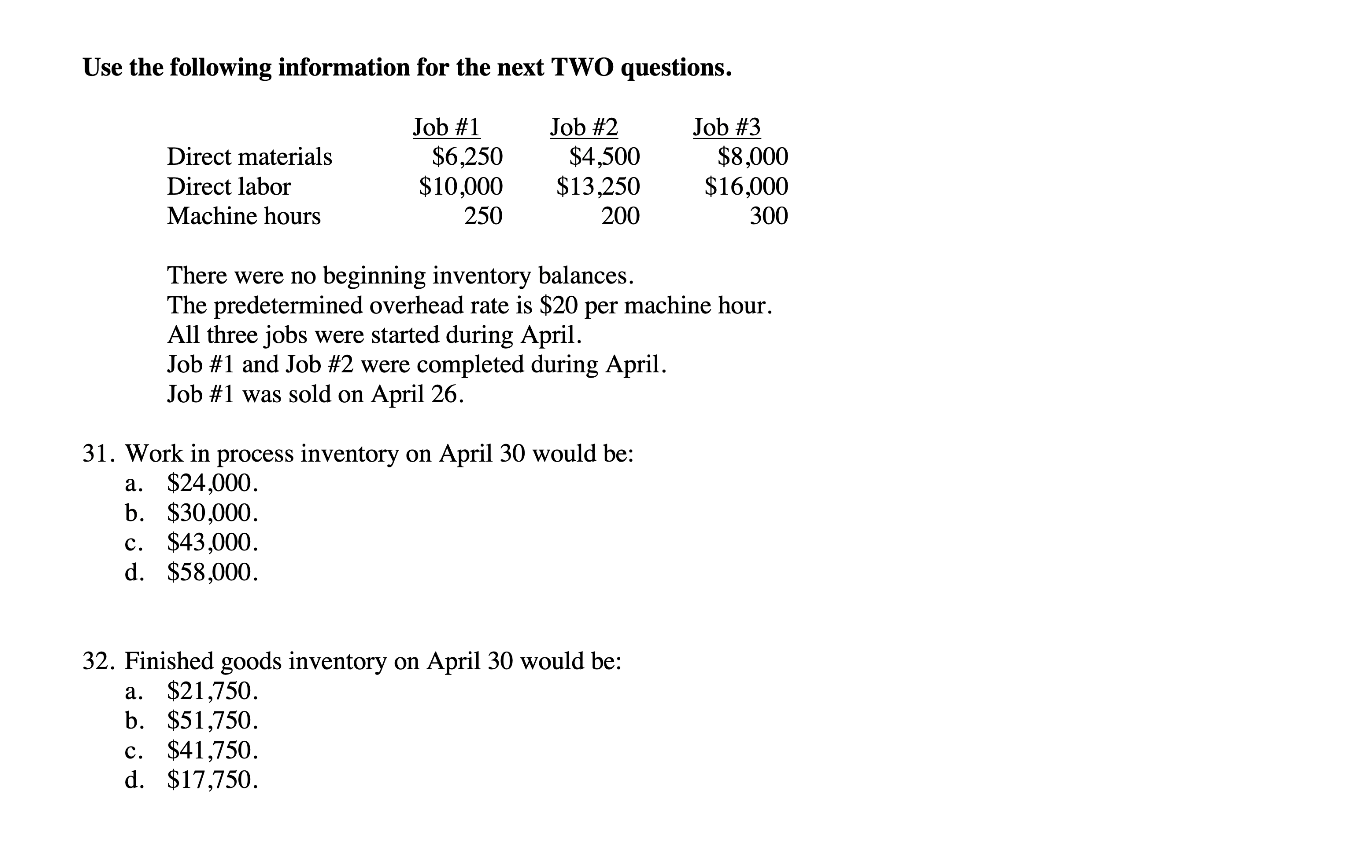 Solved Use the following information for the next TWO | Chegg.com