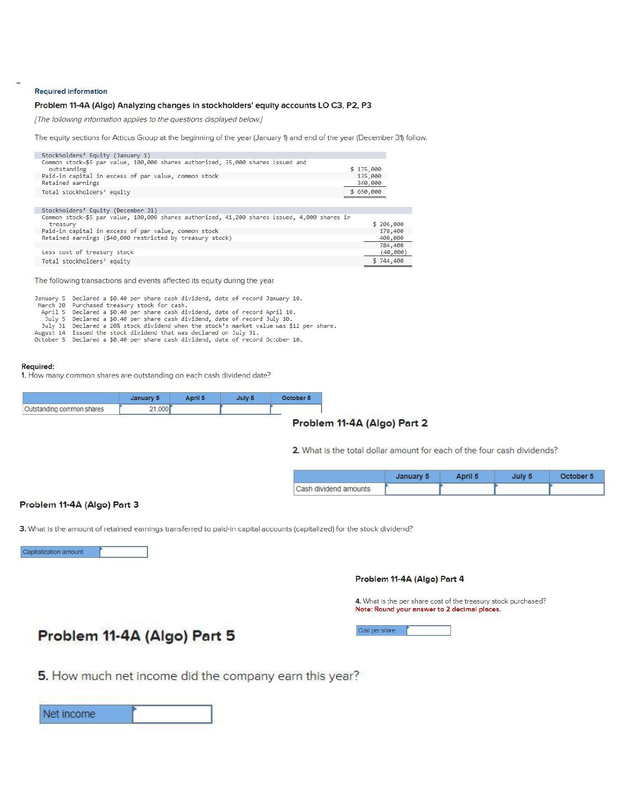 Solved Problem 11-4A (Algo) ﻿Part 4What is the per share | Chegg.com