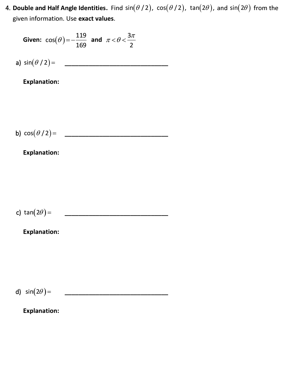 Solved Double and Half Angle Identities. Find | Chegg.com
