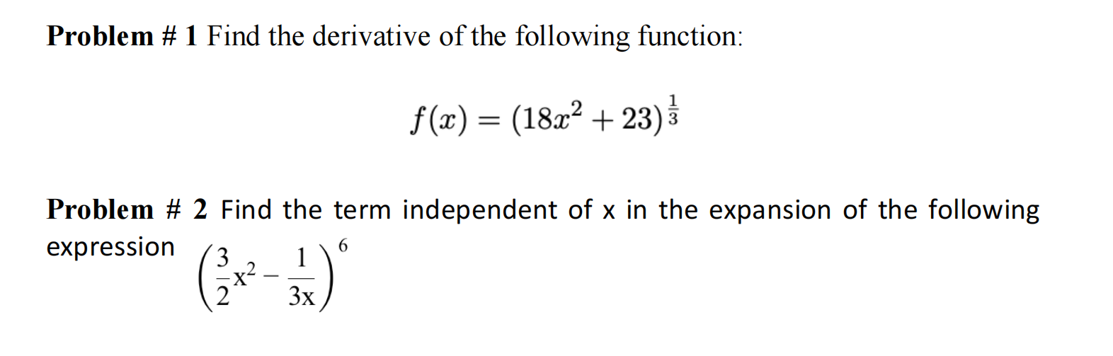 Solved Problem # 1 Find the derivative of the following | Chegg.com