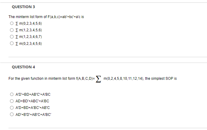 Solved The minterm list form of F(a,b,c)=ab′+bc′+a′c is | Chegg.com