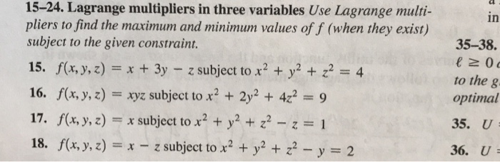 Solved 15-24. Lagrange multipliers in three variables Use | Chegg.com