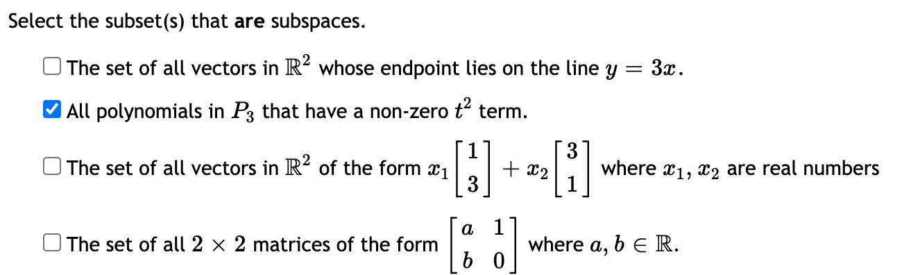 Solved Select the subset(s) that are subspaces. Зх. . The | Chegg.com