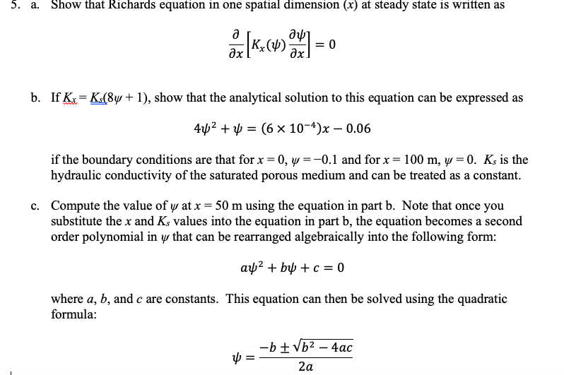 5. a. Show that Richards equation in one spatial | Chegg.com