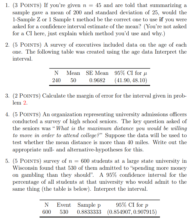 Solved 1. (3 Points) If you're given n=45 and are told that | Chegg.com