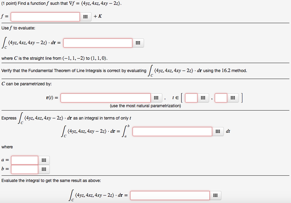 Solved (1 point) Find a function f such that Vf-(4yz, 4xz, | Chegg.com