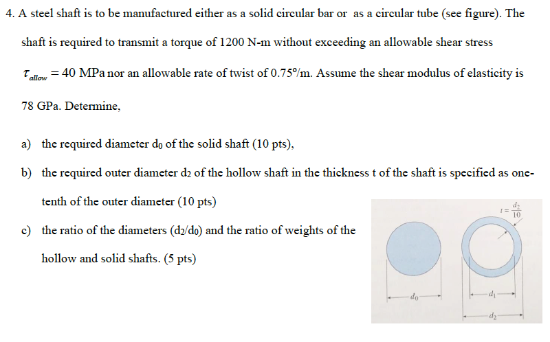 Solved 4. A steel shaft is to be manufactured either as a | Chegg.com