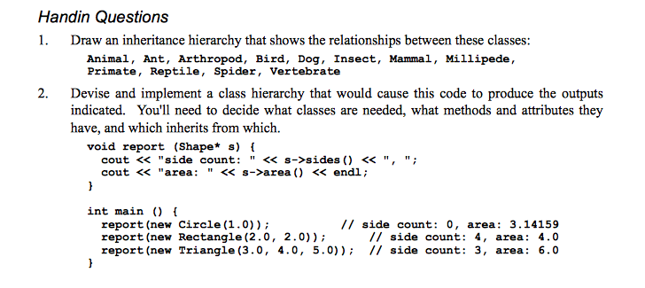 Solved Handin Questions 1. Draw an inheritance hierarchy | Chegg.com