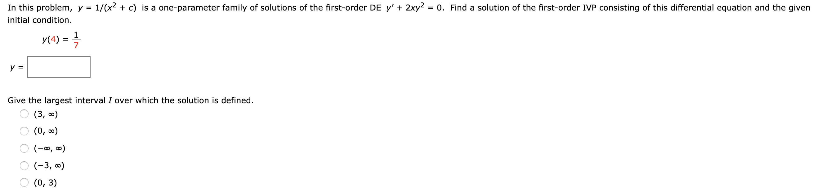 Solved In this problem, y = 1/(x2 + c) is a one-parameter | Chegg.com