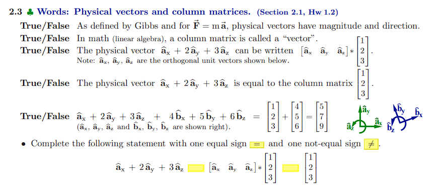 Solved 2.3 Words: Physical vectors and column matrices. | Chegg.com