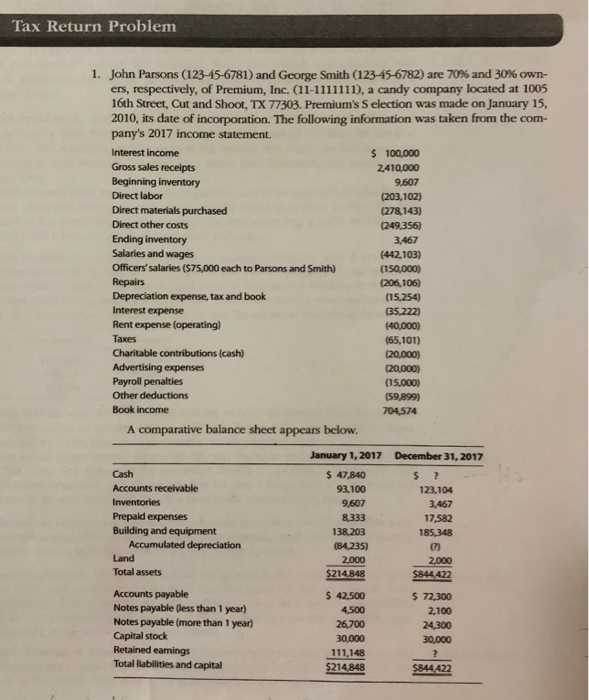 Solved Tax Return Problem 1. John Parsons (123456781) and | Chegg.com