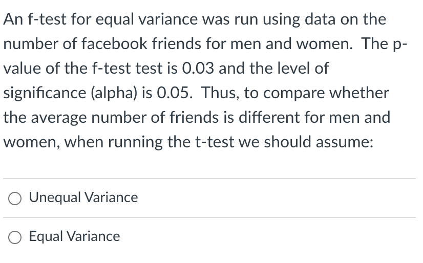 Solved An f-test for equal variance was run using data on | Chegg.com