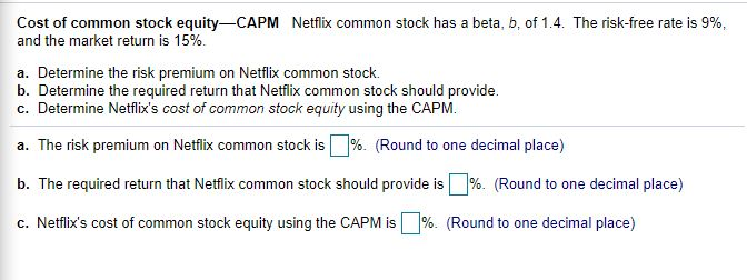 Solved Cost of common stock equity-CAPM Netflix common stock | Chegg.com