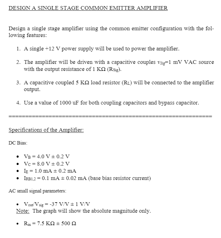 Solved Single Stage common emitter amplifier. I need help | Chegg.com