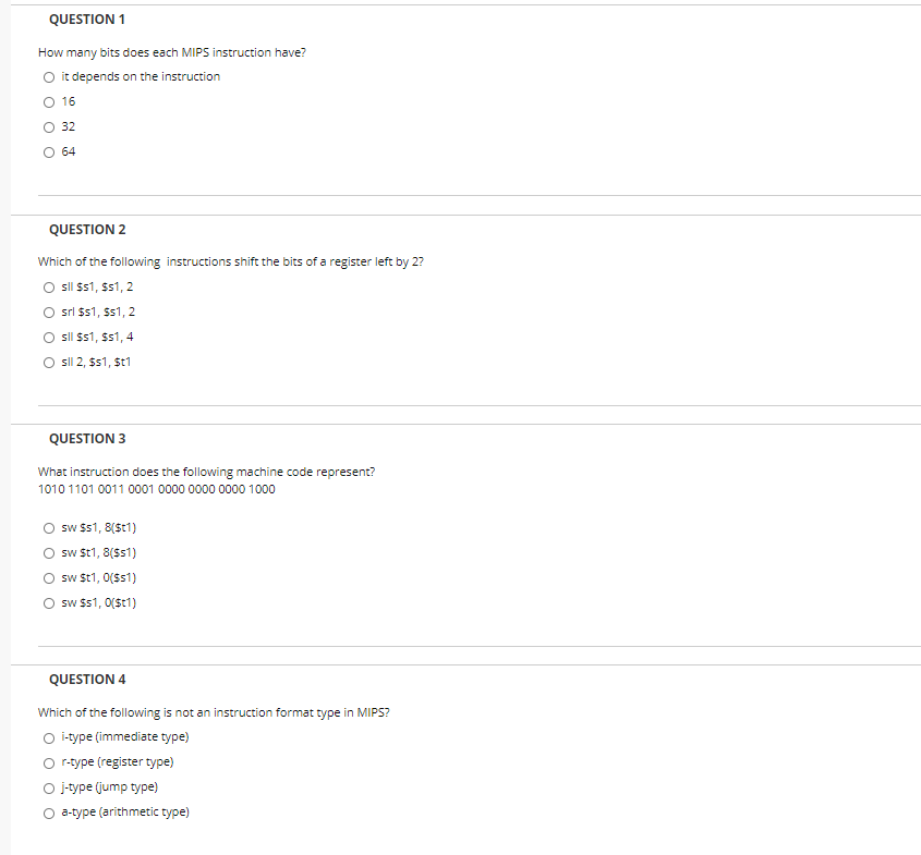 Solved QUESTION 1 How many bits does each MIPS instruction | Chegg.com