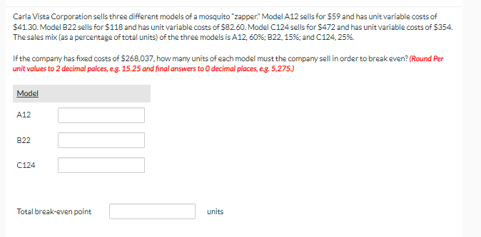 Solved Carla Vista Corporation sells three different models | Chegg.com