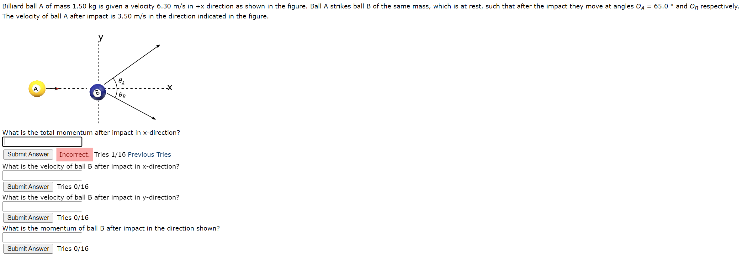 Solved The velocity of ball A after impact is 3.50ms ﻿in the | Chegg.com