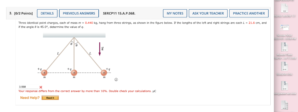 Solved Three identical point charges, each of mass m=0.440 | Chegg.com