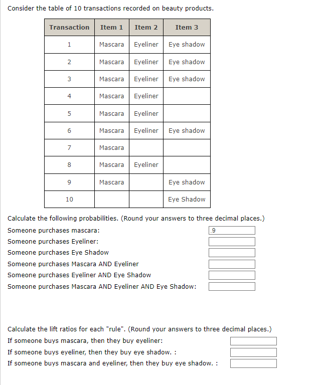 Solved Consider the table of 10 transactions recorded on | Chegg.com
