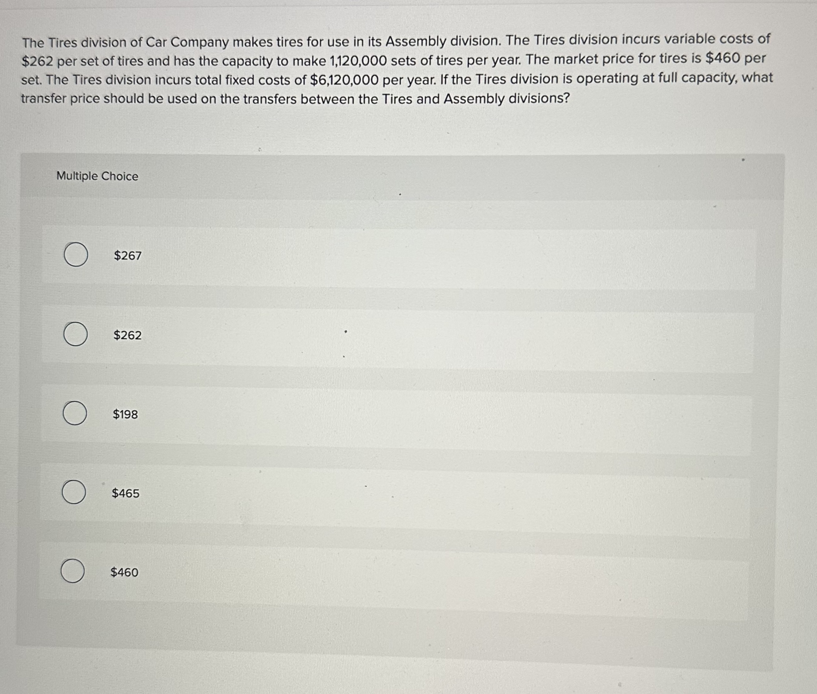 Solved The Tires division of Car Company makes tires for use | Chegg.com