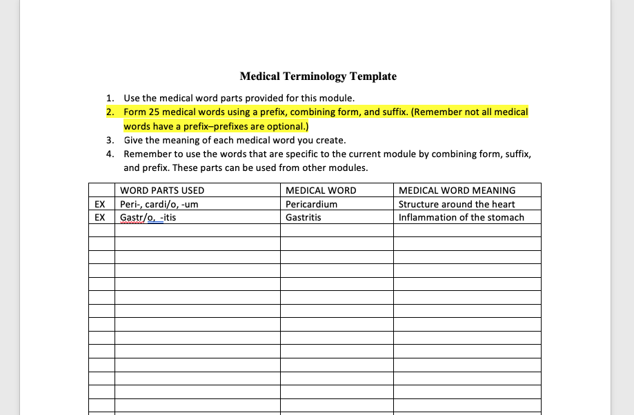 Solved Medical Terminology Template 1. Use the medical word | Chegg.com