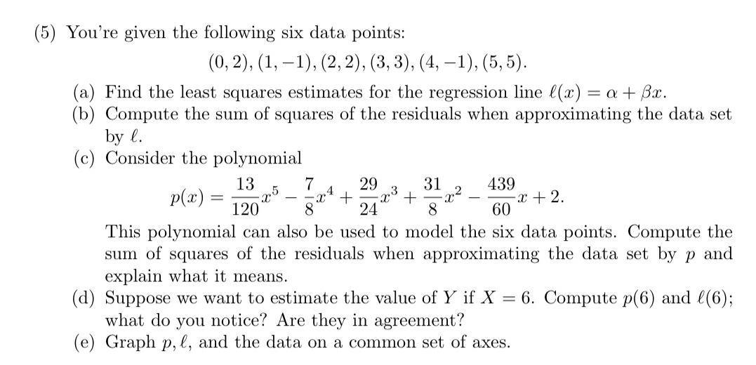 Solved (5) You're given the following six data points: | Chegg.com
