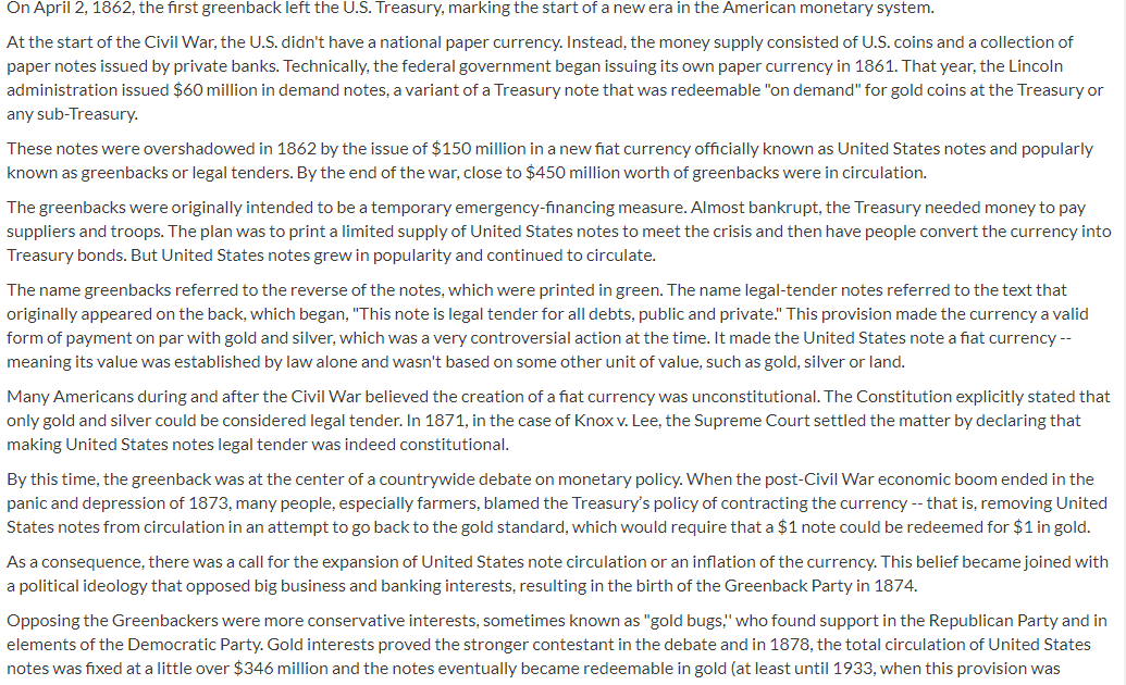 Solved On April 2, 1862, the first greenback left the U.S. | Chegg.com