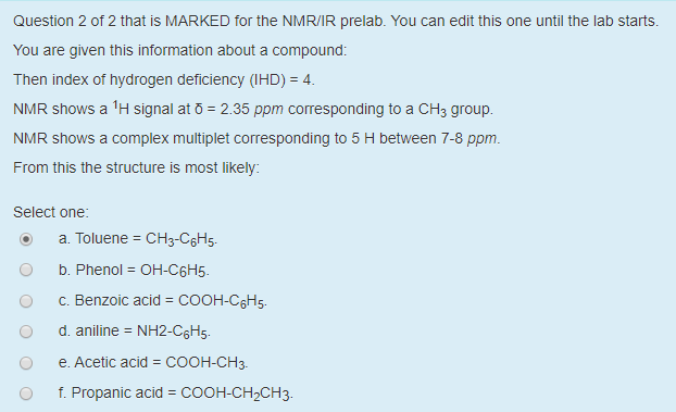 Solved Question 2 of 2 that is MARKED for the NMR/IR prelab. | Chegg.com