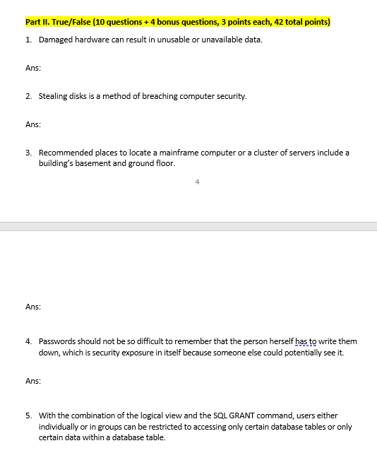 Solved Part II. True/False (10 questions + 4 bonus | Chegg.com