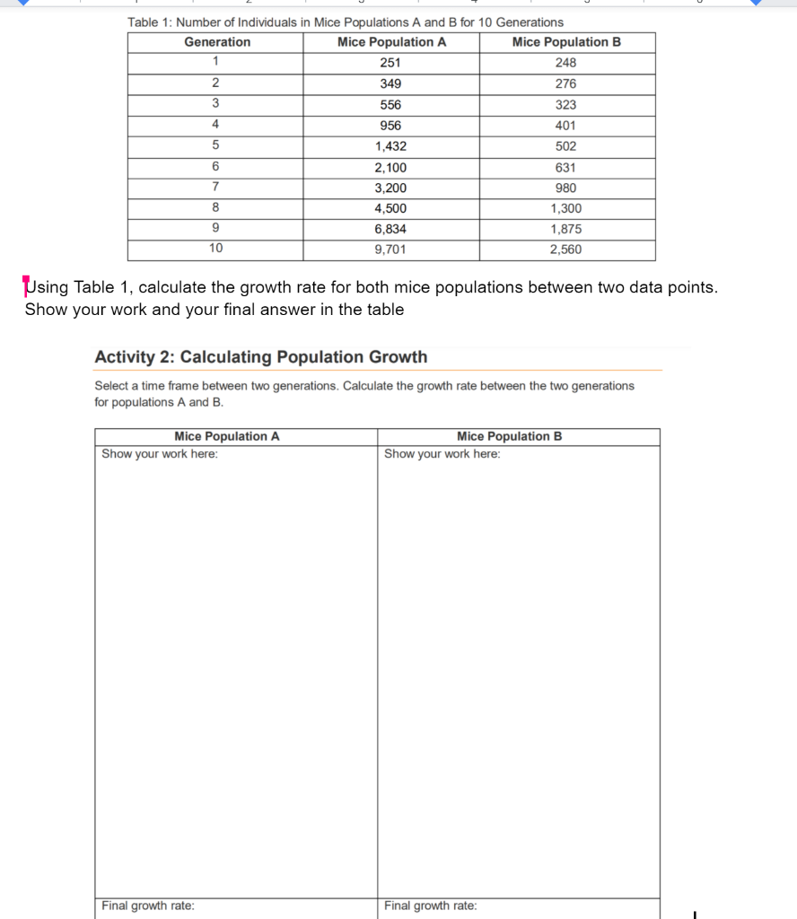 Solved Table 1: Number of Individuals in Mice Populations A | Chegg.com