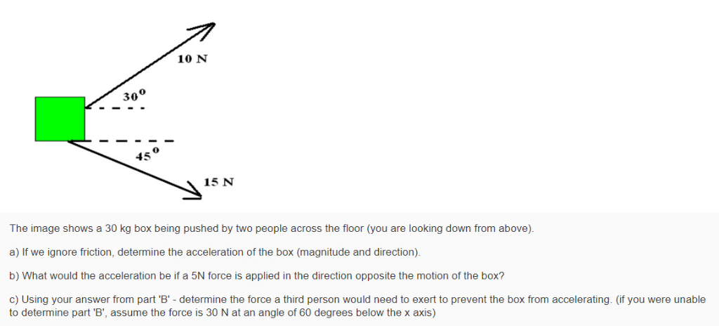 Solved 10 N 30° 45 15 N The image shows a 30 kg box being | Chegg.com