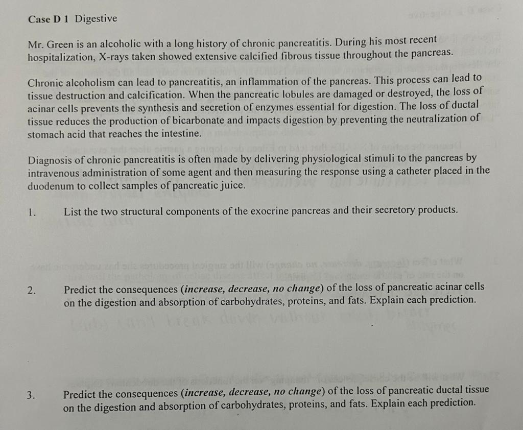Solved Case D 1 Digestive Mr. Green is an alcoholic with a | Chegg.com