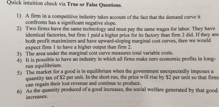 Solved Quick intuition check via True or False Questions. A | Chegg.com