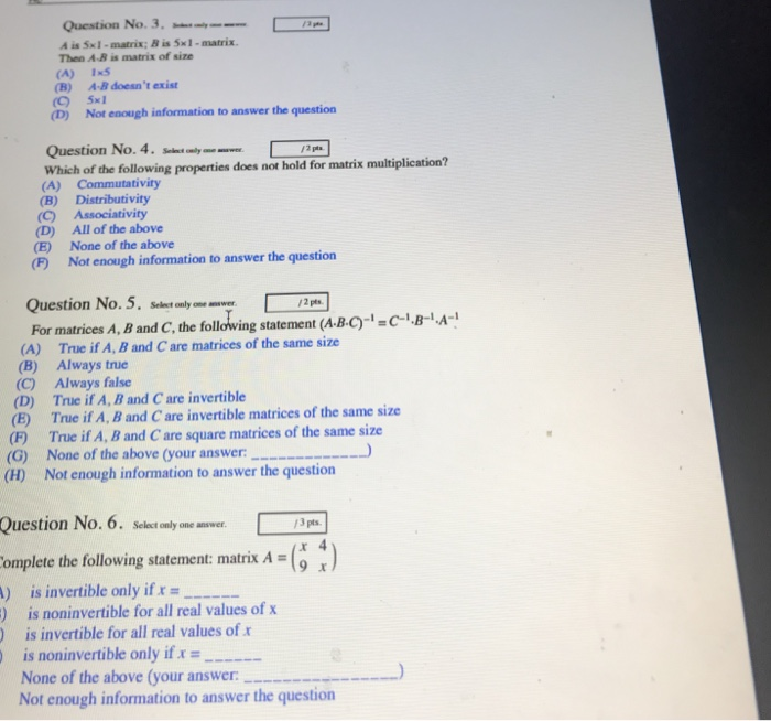 Solved Question No. 3. A is 5x1-matrix; B is 5x1-matrix. | Chegg.com